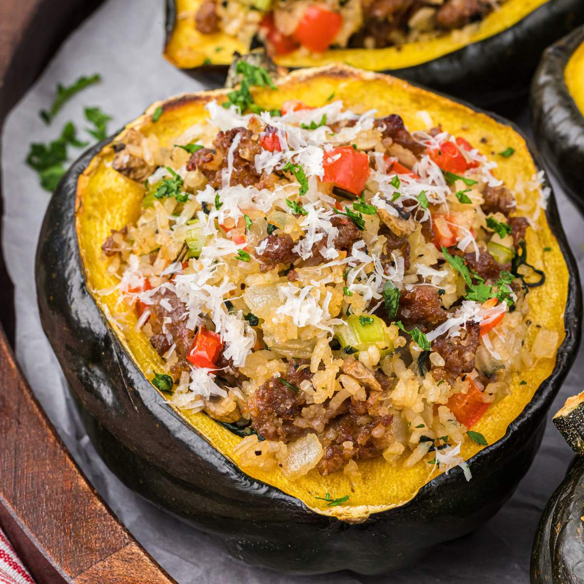 Stuffed Acorn Squash with Sausage and Rice
